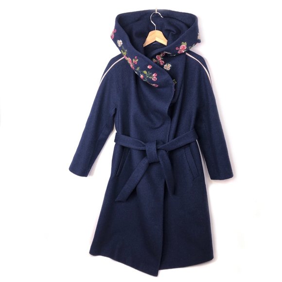 Artka | Jackets & Coats | Artka Emroidered Blue Wool Blend Hooded ...
